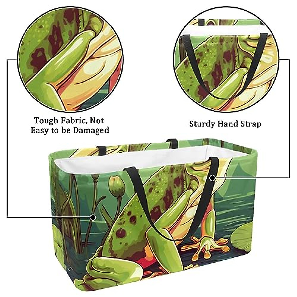 Reusable Grocery Bags Boxes Storage Basket, Red Eye Frog Pattern Collapsible Utility Tote Bags with Long Handle