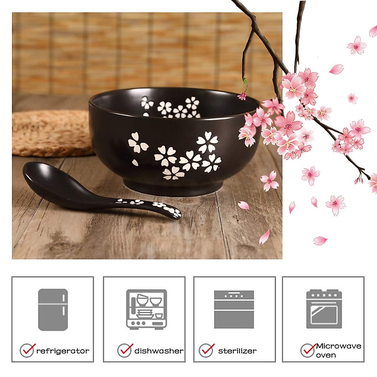YingXue Japanese Cuisine Bowl (6.3 by 3.15 In) Set with Wooden Lid, Soup Spoon, Wooden Chopsticks, Bamboo Tray, Ceramics Sakura Ramen bowl, Ceramic Instant Noodle Bowl, Salad Bowl Soup Bowl Rice Bowl