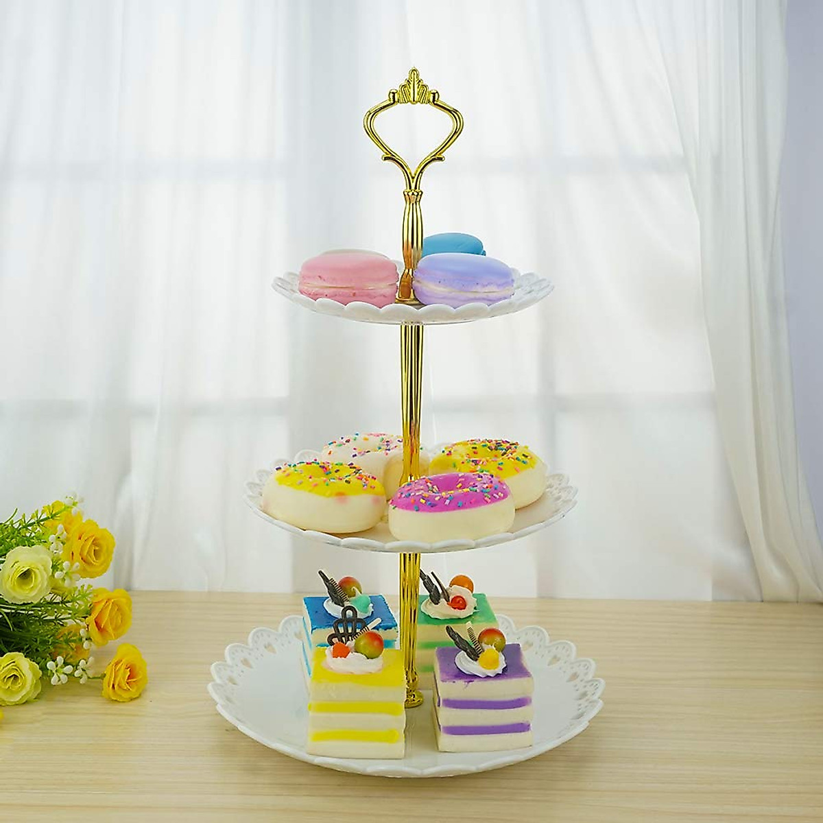 LIONWEI LIONWELI 3-Tier White Gold Plastic Dessert Stand Pastry Stand Cake Stand Cupcake Stand Holder Serving Platter for Party Wedding Home Decor