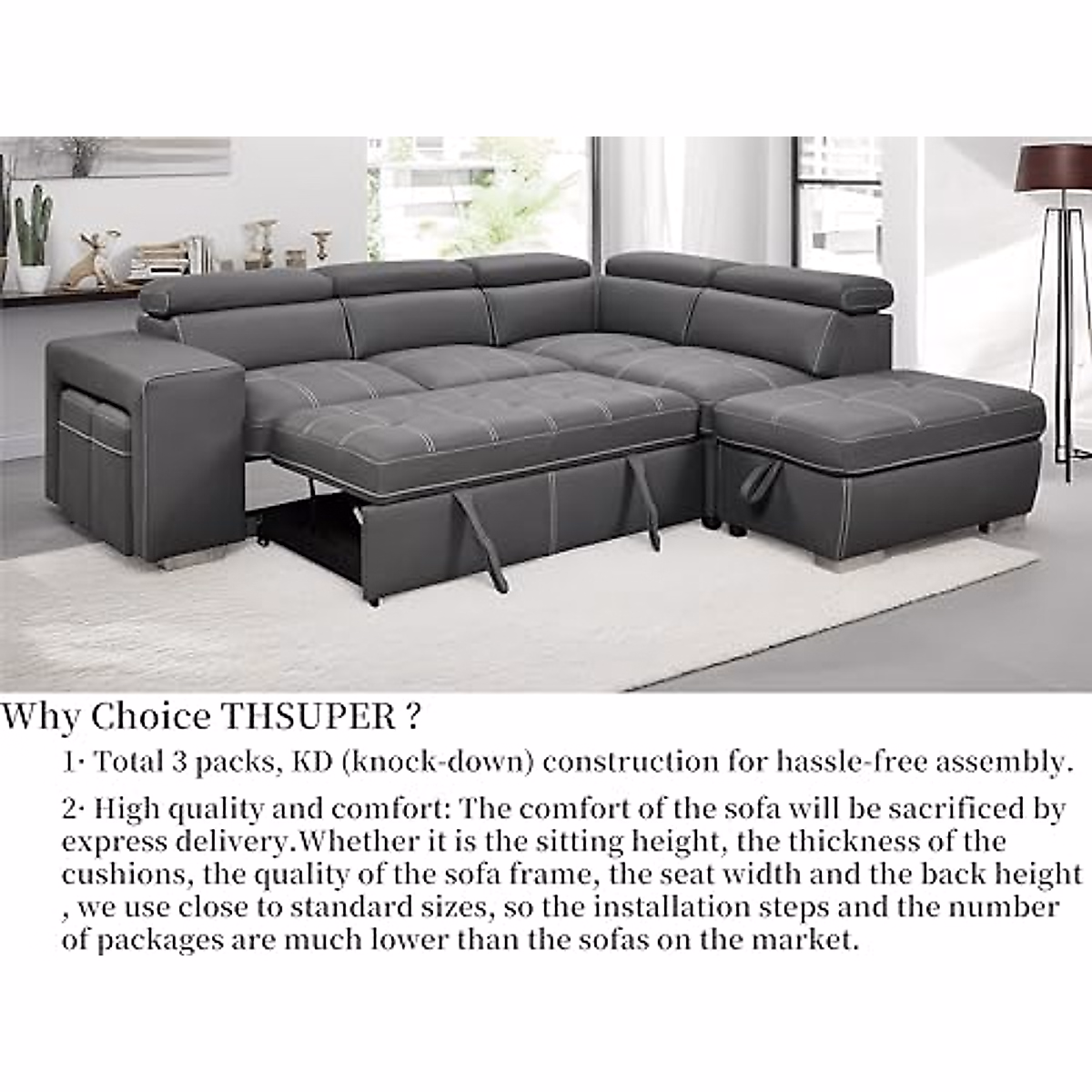 THSUPER 104'' Microfiber Sectional Sleeper Sofa with Pull-Out Bed, Sofa with Chaise & Storage Ottoman. 5 Seater L-Shaped Couch with Adjustable Headrest and Stools. Charcoal Grey