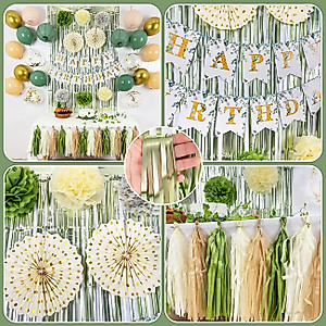 Sage Green Birthday Party Decorations with Happy Birthday Banner Olive Green Gold Balloons Fringe Curtain for Girls Women Baby Shower Birthday Decor