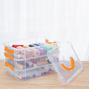 6 PACK 2 Sizes 3-Tier Plastic Storage Containers with Lids, Handled Art Supply Craft Organizer Storage Box for Organizing Craft, Stationery, Sewing, Art Craft, Jewelry and Beauty Supplies (Orange)