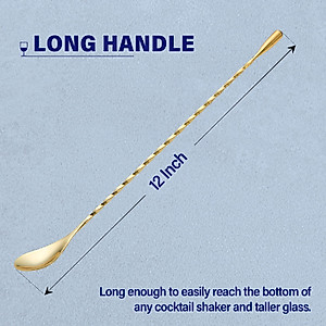 2 Pcs 12 Inches Bar Spoon, Long Handle Mixing Stirrers for Drink, Briout Stainless Steel Bar Cocktail Shaker Spoon, Gold