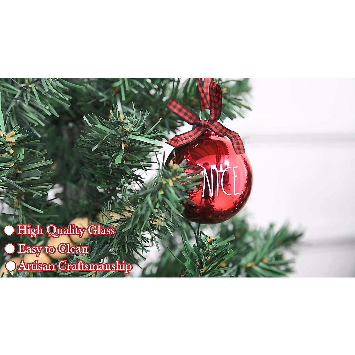 Rae Dunn Christmas Ornaments - Set of 6 Glass Balls - Red, Green, Clear - Peace, Love, Joy, Hope, Wish, Nice - 60mm / 2.36 Inch Hanging Holiday Decorations for Xmas Tree