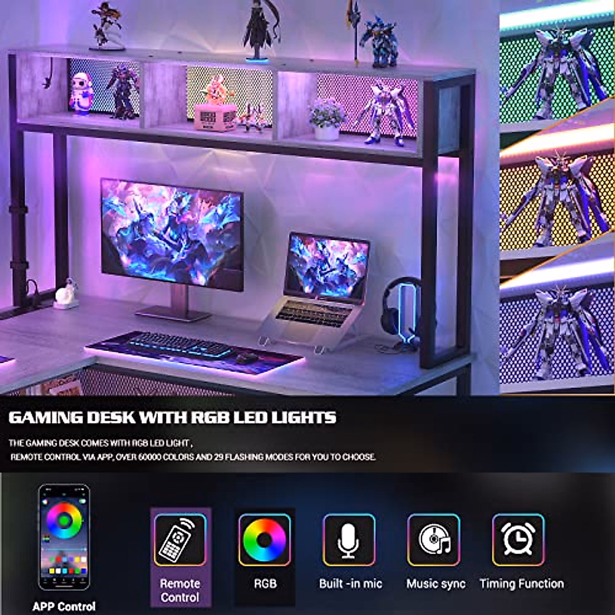 Unikito L Shaped Computer Desk with LED Strip and Power Outlets, Reversible L-Shaped Corner Desk with Storage Shelves and Bag, Industrial Home Office Desk Gaming Table with USB Port, White Oak