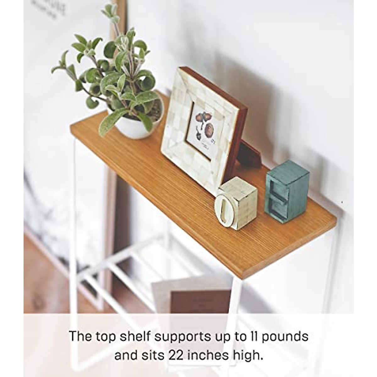 Yamazaki Home Narrow Living Room End Table - Slim Side Storage Shelf Stand Furniture Metal and Wood Modern Skinny Accent Table Steel + WoodWhite