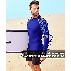 HUGE SPORTS Men's Rash Guard Long Sleeves UPF 50+ UV Sun Protection Quick Drying Splice Compression Swim Shirts(Tropical Style,L)