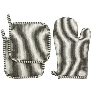 Cotton Oven Mitts and Pot Holders Set, Kitchen Quilted Oven Gloves, Hot Pan Mat Pads Set for Cooking Grilling Barbeque Baking Heat Resistant Set of 3 (3, Grey Stripes)