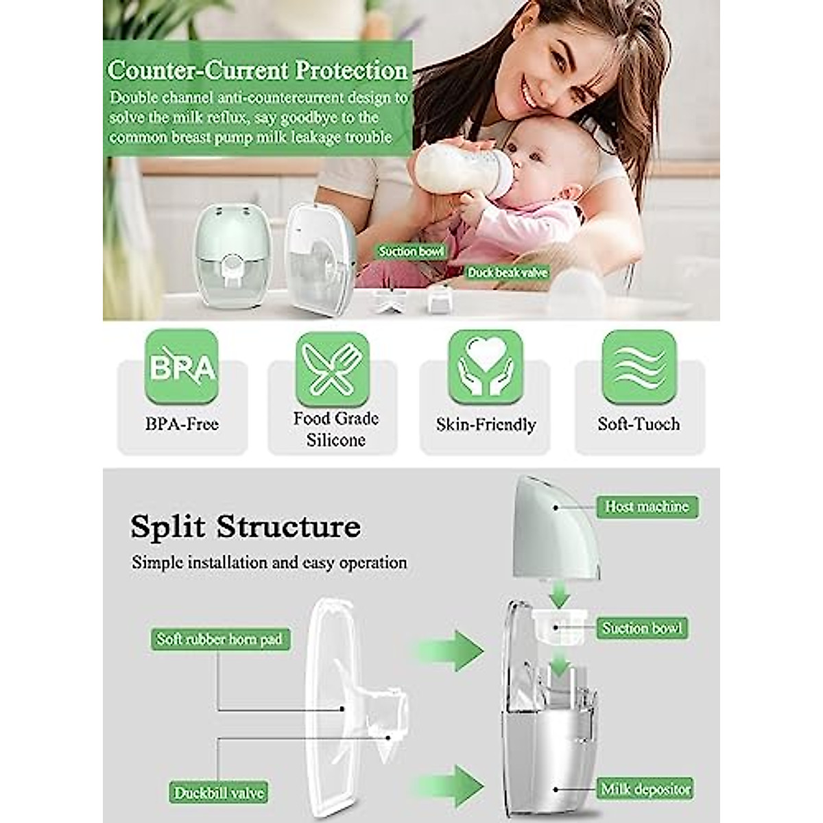 Wearable Breast Pump, 2 Pack Double Wireless Pump with Comfortable Double-Sealed Flange, 3 Modes & 9 Levels Electric Pump Portable, Smart Display, 24mm