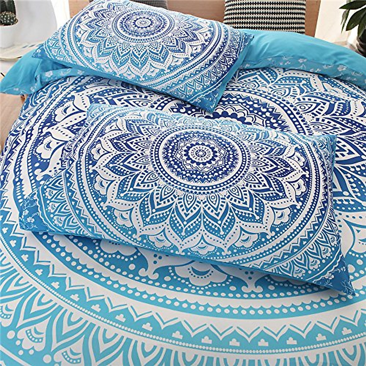 Mandala Duvet Cover Set, Full Bohemia Bedding Sets 3 of Set, Boho Quilt Cover with Hidden Zipper and 4 Corner Ties, ZHH