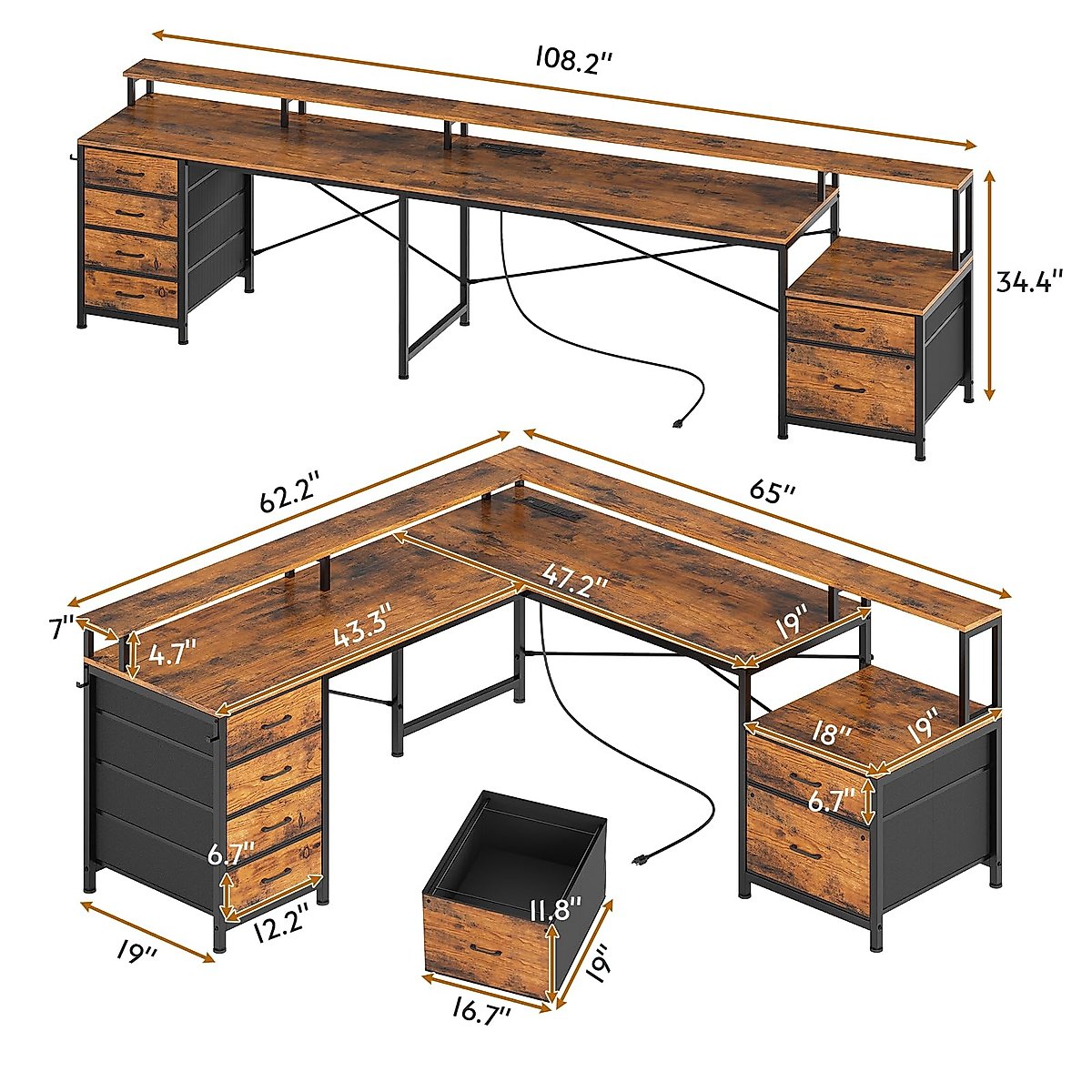 SEDETA L Shaped Desk with 6 Drawer, 108" Home Office Desk with File Drawer & Power Outlet, Corner Computer Desk with Monitor Shelf, Two Person Desk, Gaming Desk with Led Lights, Rustic Brown
