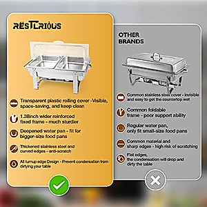 Restlrious Chafing Dish Buffet Set with Roll Top Plastic Cover, Stainless Steel 8 QT Rectangular Chafers and Buffet Warmers Set w/Half Size Food Pan, Water Pan, Fuel Can for Catering Event Party