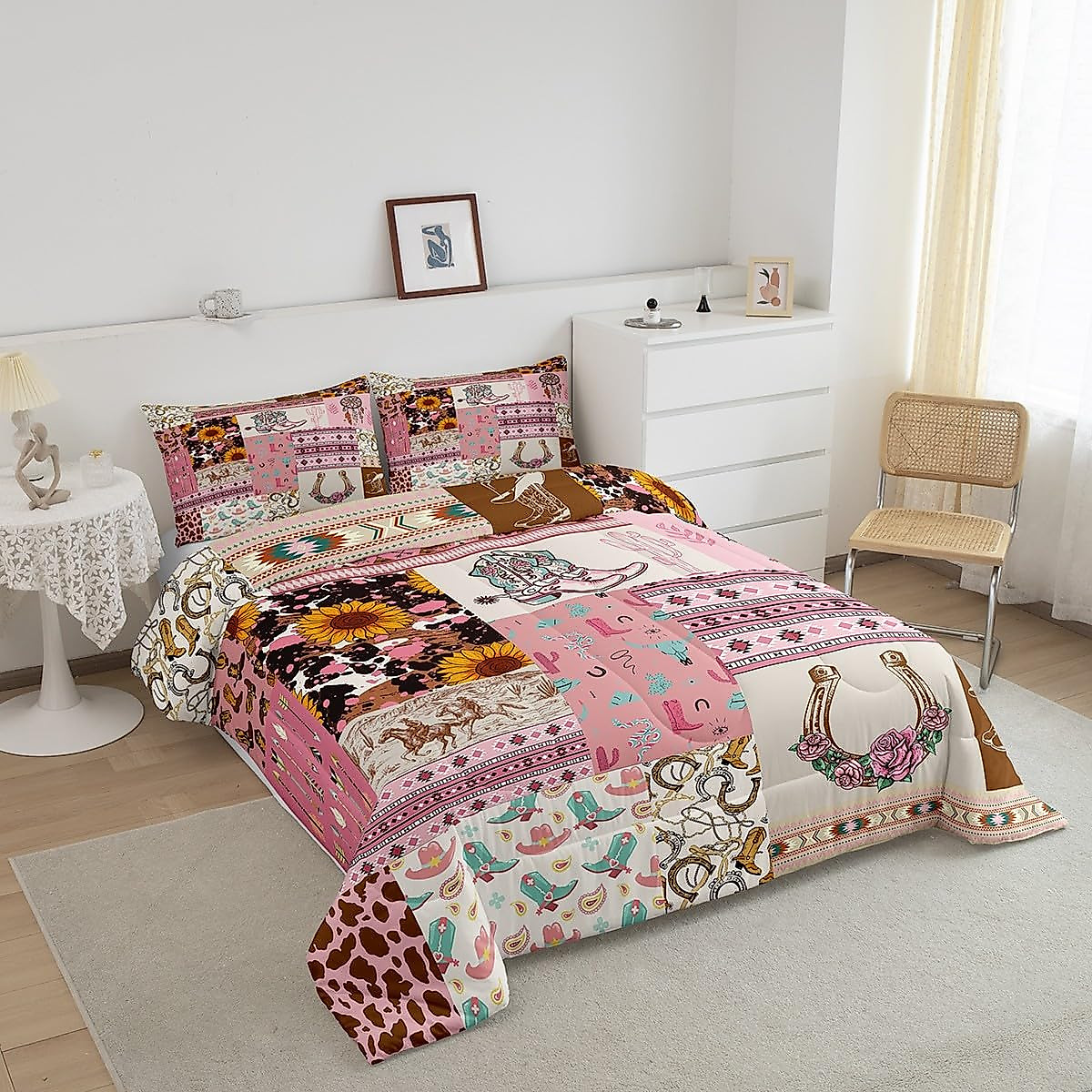 Erosebridal Western Bedding Pink Cowgirl Twin Comforter Set for Toddler Girls Cow Print Bedding Comforter Sets, Boho Cow Fur Western Style Duvet Set Farmhouse Horseshoe Pattern Quilt 2 Pieces
