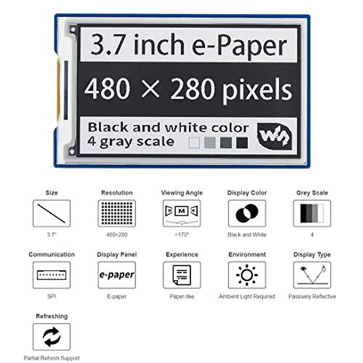 Coolwell Waveshare 3.7inch E-Paper E-Ink Display HAT for Raspberry Pi/Jetson Nano, 480×280 Pixels e-Paper Module, Black/White Color, SPI Interface
