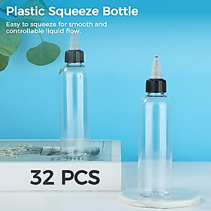 32PCS Clear Dispensing Bottles, 4oz Plastic Squeeze Bottles with Twist Top Caps for Oils Inks Liquids, Household Round Squeeze Bottles for Crafts Kitchen Food Making