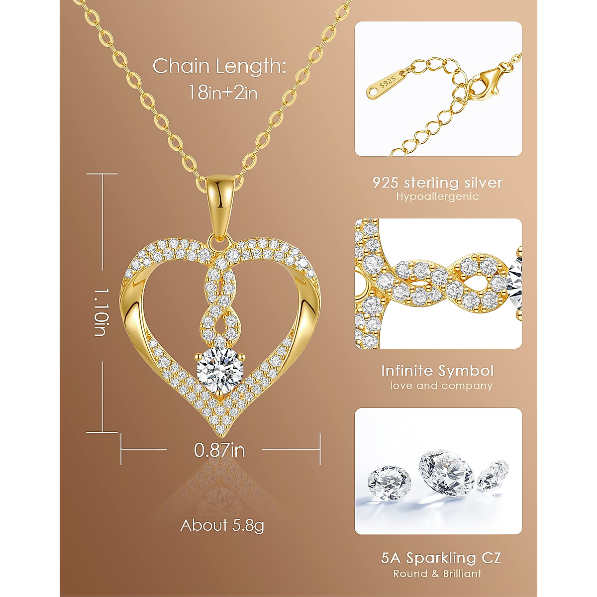 LOUISA SECRET Infinity Heart Birthstone Necklaces for Women, 18k Gold Plated 955 Sterling Silver Forever Love Pendant Jewelry for Her, Ideal Gift for Wife, Girlfriend, Mom on Birthday, Anniversary, Valentine's Day