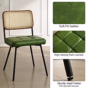 Art Leon Faux Leather Indoor Kitchen Dining Chairs Set of 4, Rubber Wood Back Frame, Mid Century Modern Dining Room Chairs with Rattan Backrest, Armless Side Chairs with Black Metal Legs, Green