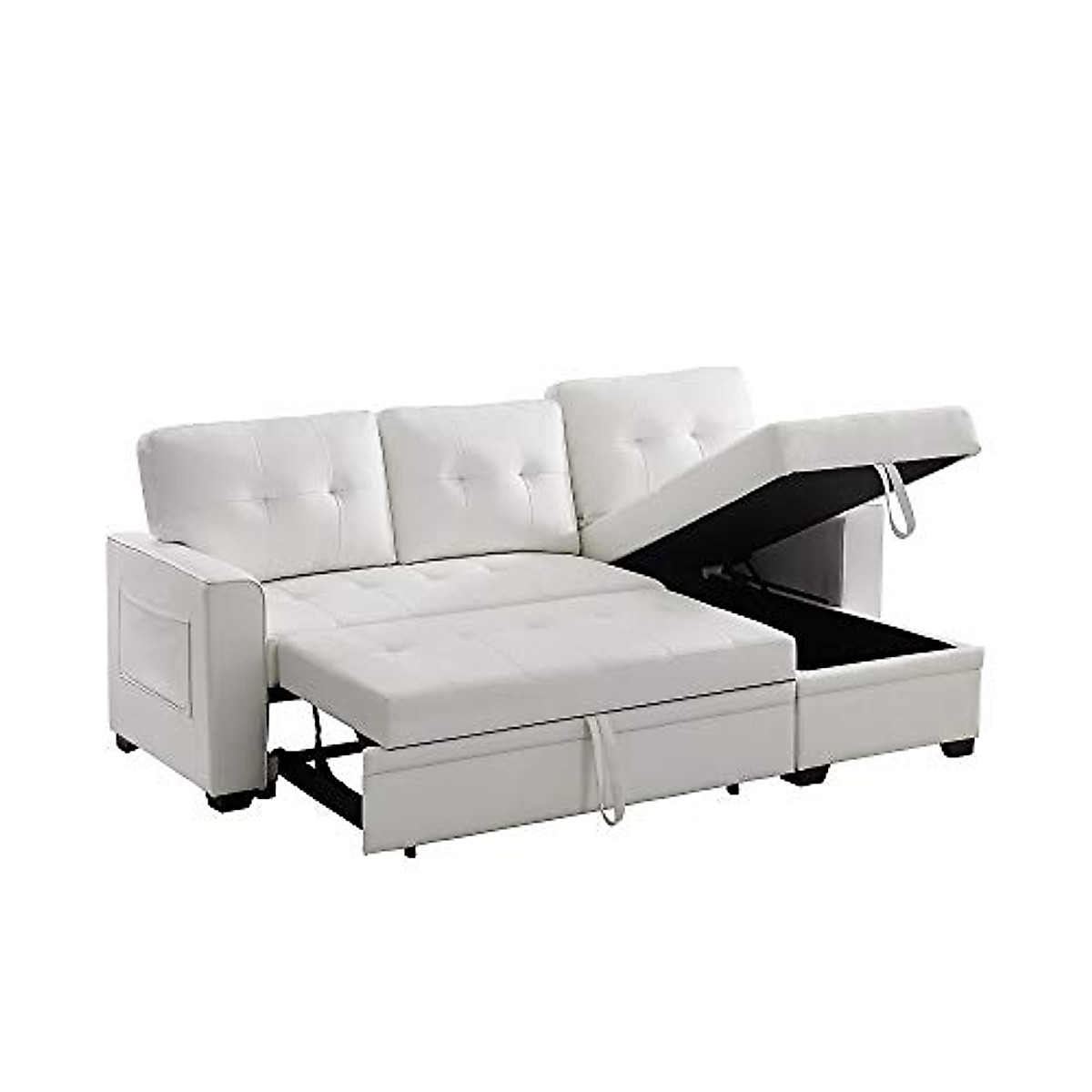 INFINI FURNISHINGS PU Sofa & Chaise 84" Wide Sectional Sofa with Pull Out Sleeper Bed, Reversible Storage Chaise Lounge, Modern Tufted Line Faux Leather Design Sofabed, White