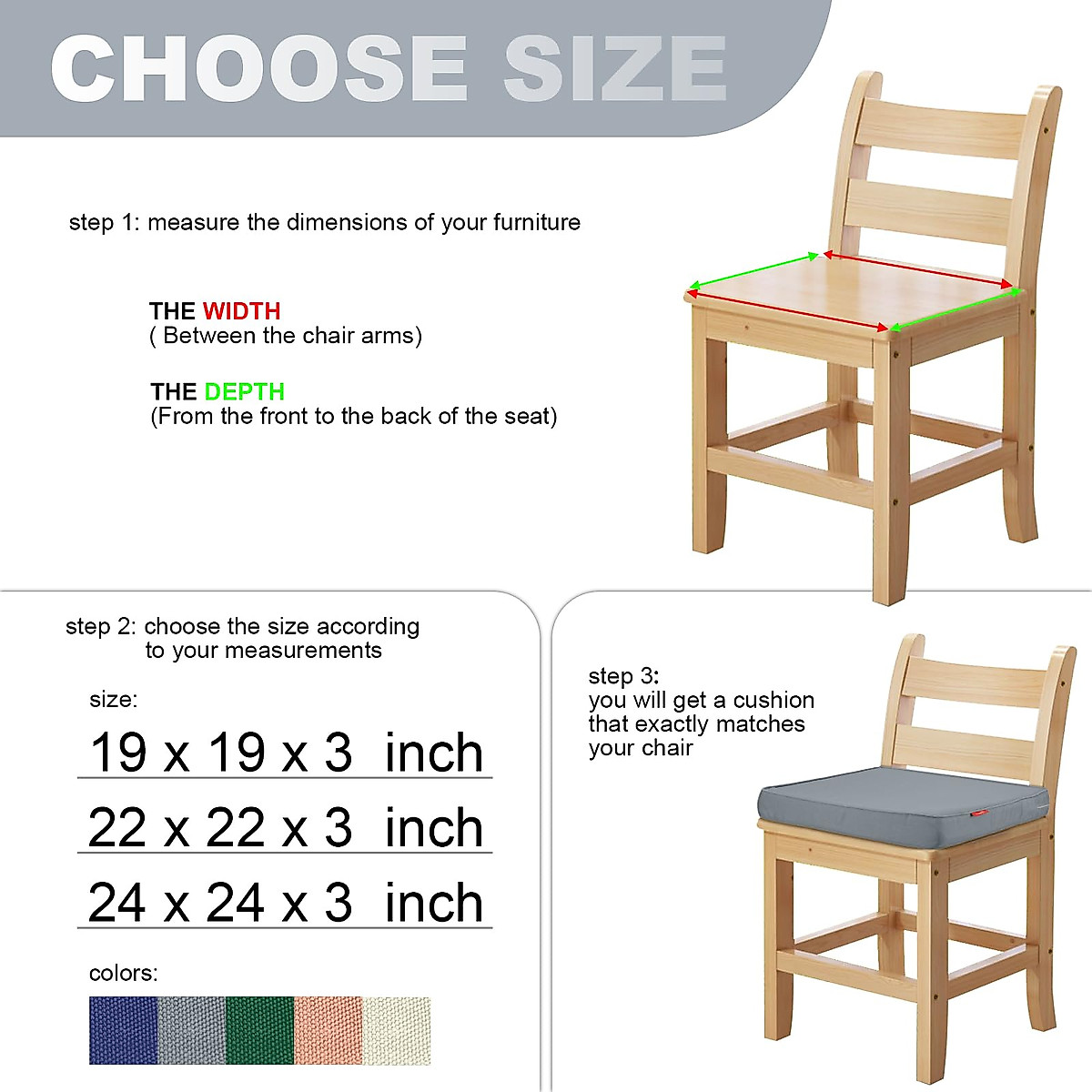 Pcinfuns Outdoor Chair Cushion 22 x 22 x 3 Inch Water Resistant & Fade Resistant Patio Furniture Cushions with Removable Cover and Adjustable Straps Set of 2,Deep Grey