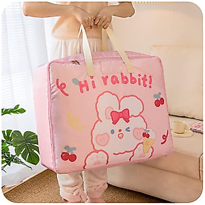 Kawaii Water Resistant Thick Over Size Storage Bag, Cute Aesthetic Cartoon Print Folding Organizer Bag, Under Bed Storage Carrying Bag with Reinforced Handle for Bedding Comforters (Pink,Large)