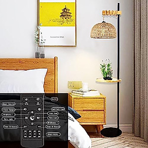 QIYIZM Floor Lamp with Table and Shelves for Living Room Bedroom Rattan Shelf Floor Lamps with Remote Boho Dimmable Standing Lamp Wicker Bamboo Wood Farmhouse Black Tall Lamp Rustic Floor Light