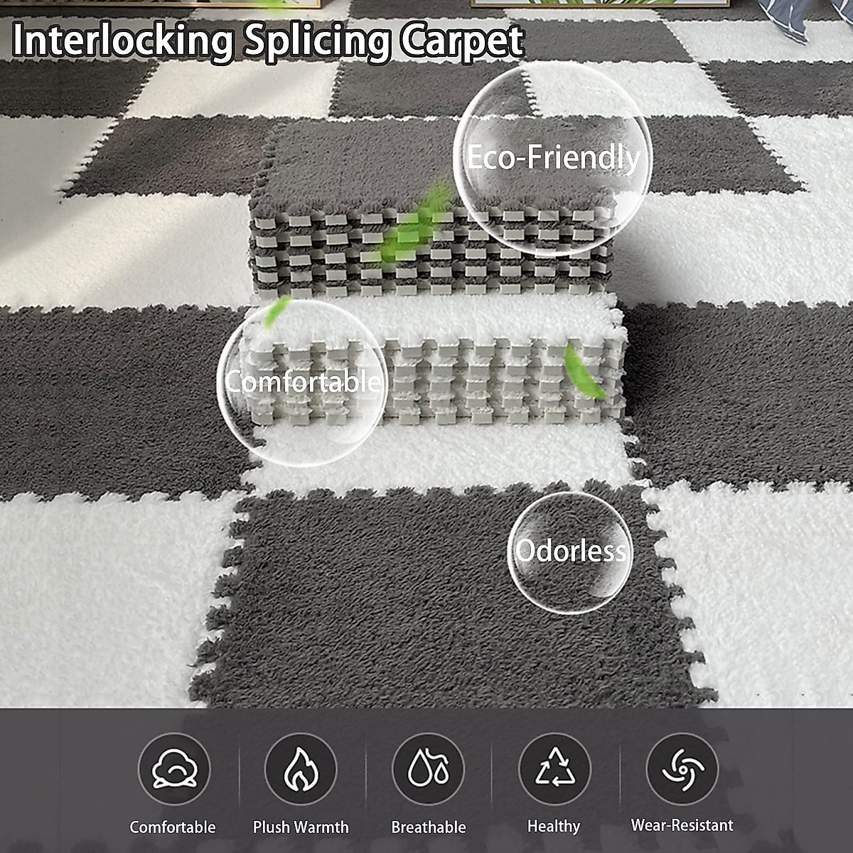 16pcs Plush Interlocking Foam Floor Mats, Keep Warm Carpet, Interlocking Floor Tiles, 12x12inch Puzzle Play Mats for Bedroom Play Room(Color:Dark Coffee Grey)