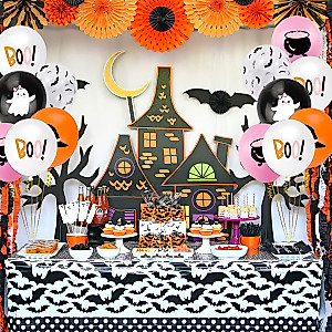 50Pcs Halloween Balloons, Halloween Pink Orange Black White Latex Balloons with Cute Ghost,Wizard hat,Black Bat Design for Halloween Party Favors,Little Boo Baby Shower,Halloween Birthday Party Decor