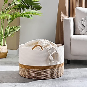 KAKAMAY Large Blanket Basket (20"x13"),Woven Baskets for storage Baby Laundry Hamper, Cotton Rope Blanket Basket for Living Room, Laundry, Nursery, Pillows, Baby Toy chest (White/Brown)
