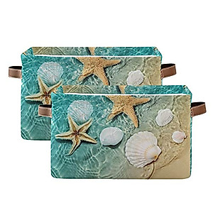 Storage Basket Sea Beach Starfish Seashell Rectangle Foldable with Leather Handle Nursery Storage Bins Boxes Cube Organizer for Children Toys Books Clothes Home Bedroom