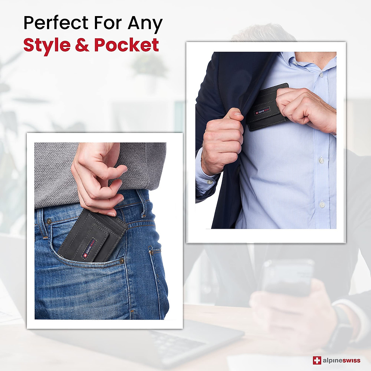 Alpine Swiss Harper Mens RFID Slim Front Pocket Wallet Magnetic Money Clip ID Card Holder Leather Nubuck Black