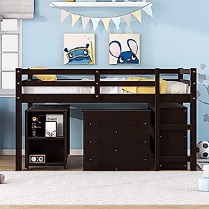 Low Full Loft Bed with Desk and Dresser Wood Kids Loft Beds Frame with Cabinet & Storage Shelves & Rolling Portable Desk for Juniors, Teen, Boys, Girls, Full Size, Espresso