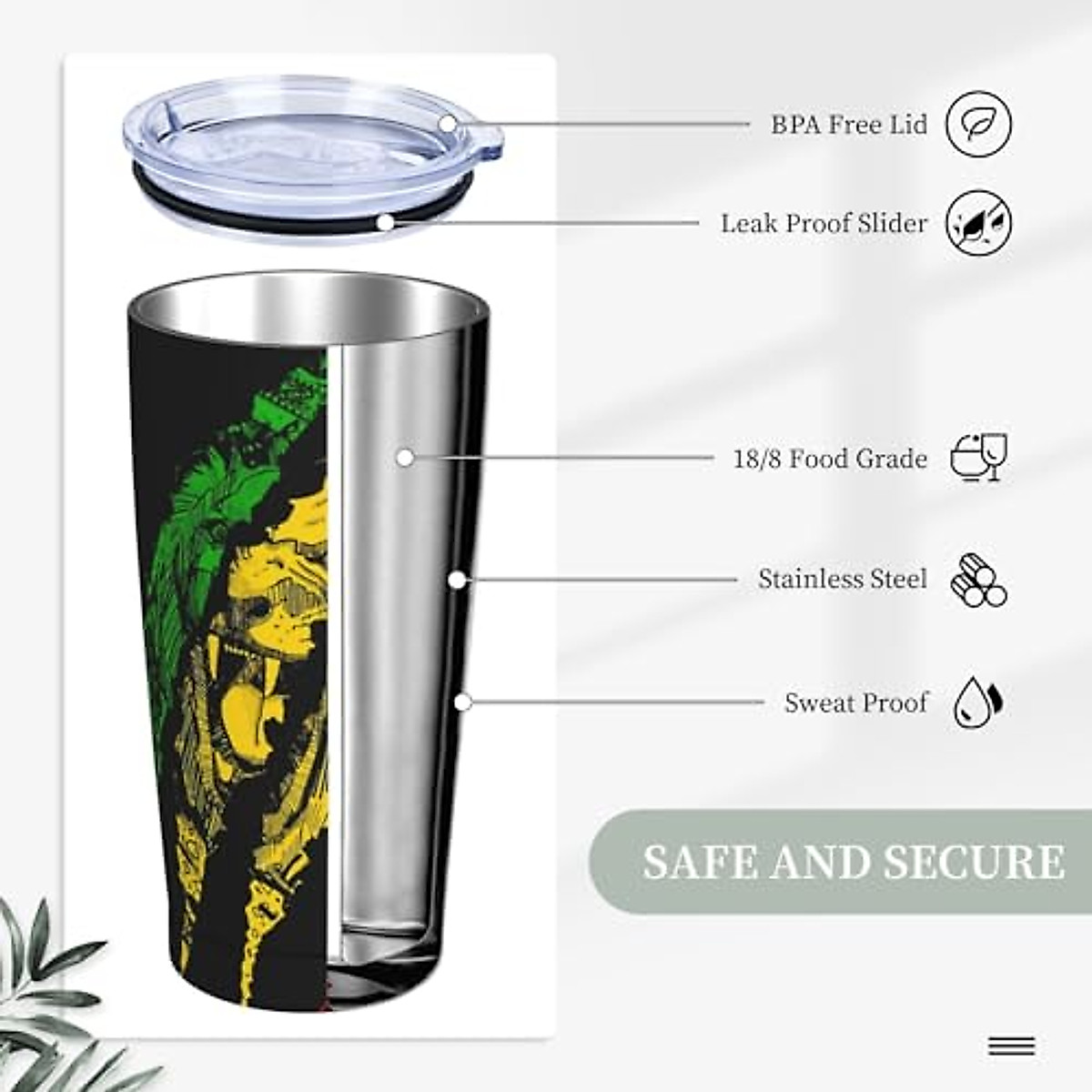 VKKOEWL Lion of Judah King Rasta Reggae Jamaica Stainless Steel Insulated Tumbler 20 Oz Travel Water Bottle Coffee Mug Drink Cup With Lid Straw