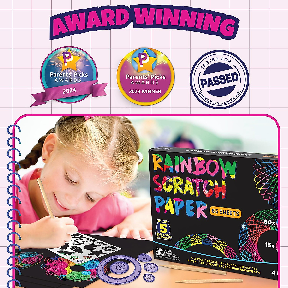 PURPLE LADYBUG 20 Pages Big Rainbow Scratch Paper Notepad for Kids - Ideal 4 5 6 7 8 9 10 11 12 Year Old Gift for Girls & Boys, Airplane Car Travel Activities for Kids Ages 4-8 & Up