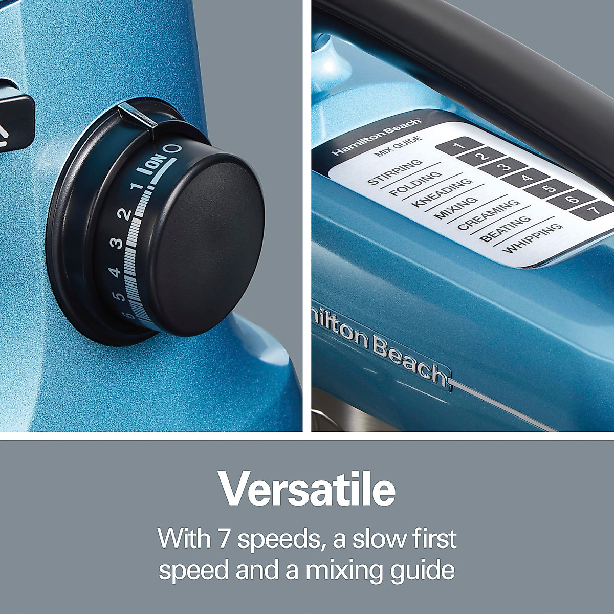 Hamilton Beach Electric Stand Mixer, 4 Quarts, Dough Hook, Flat Beater Attachments, Splash Guard 7 Speeds with Whisk, Blue