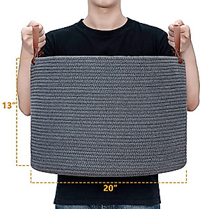 Large Baskets for Storage Cotton Rope Basket Laundry Basket Hamper- Hombins Woven Toy Bin Blanket Holder XXL Grey Collapsible Laundry Basket with Leather Handle, 20"X20"X13"