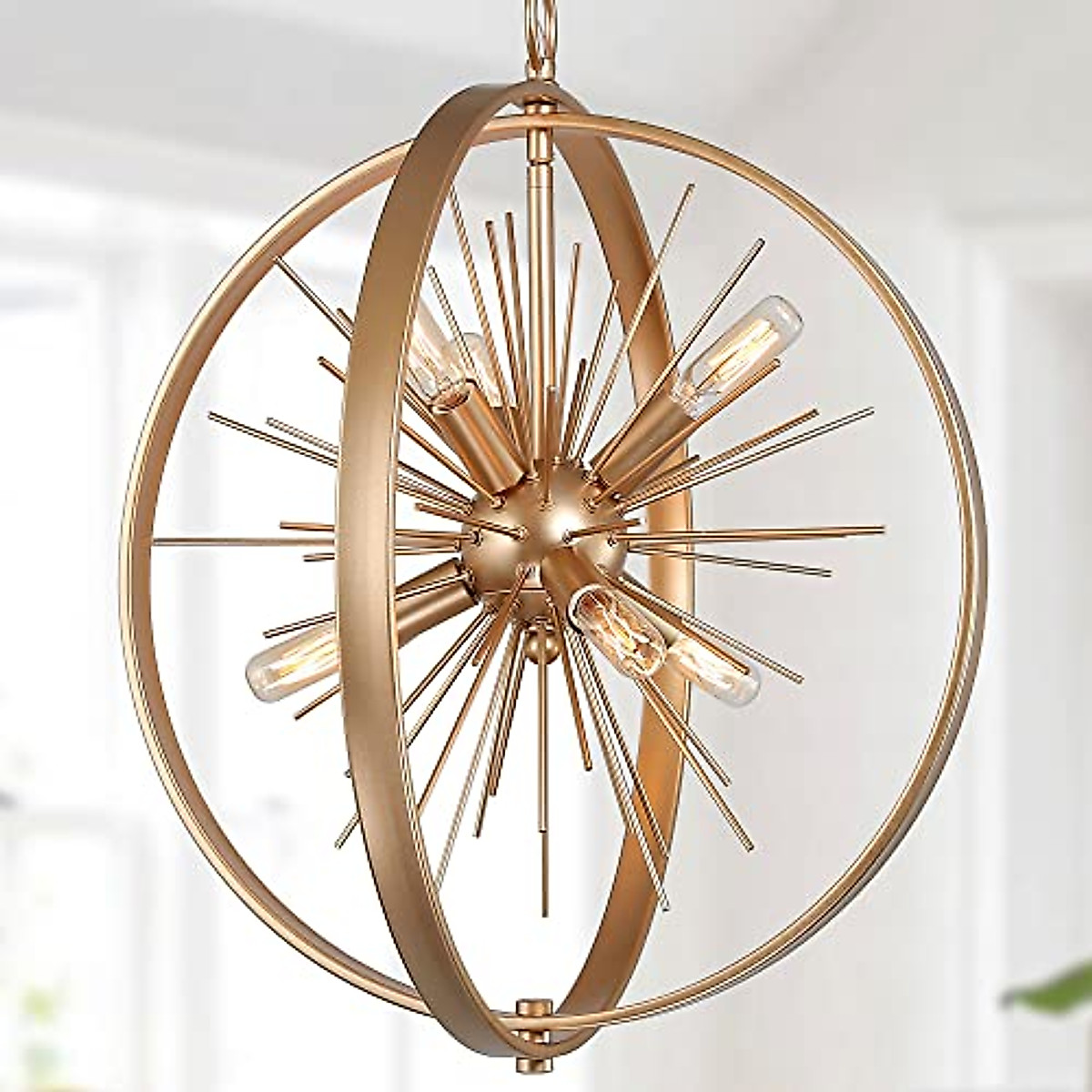 classy leaves Gold Chandelier, 6-Light Modern Globe Chandelier, Starburst Gold Pendant Light Fixture with Rotatable Framework for Kitchen Island, Foyer, Dining Room & Entryway, 18’’ D x 20.5’’ H