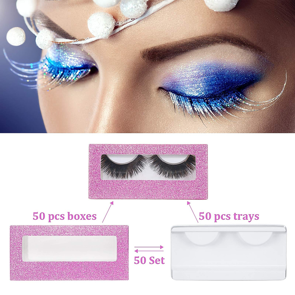 100-Piece Eyelash Case Set, 50 Glitter Paper Lash Boxes, Pink Storage Tray