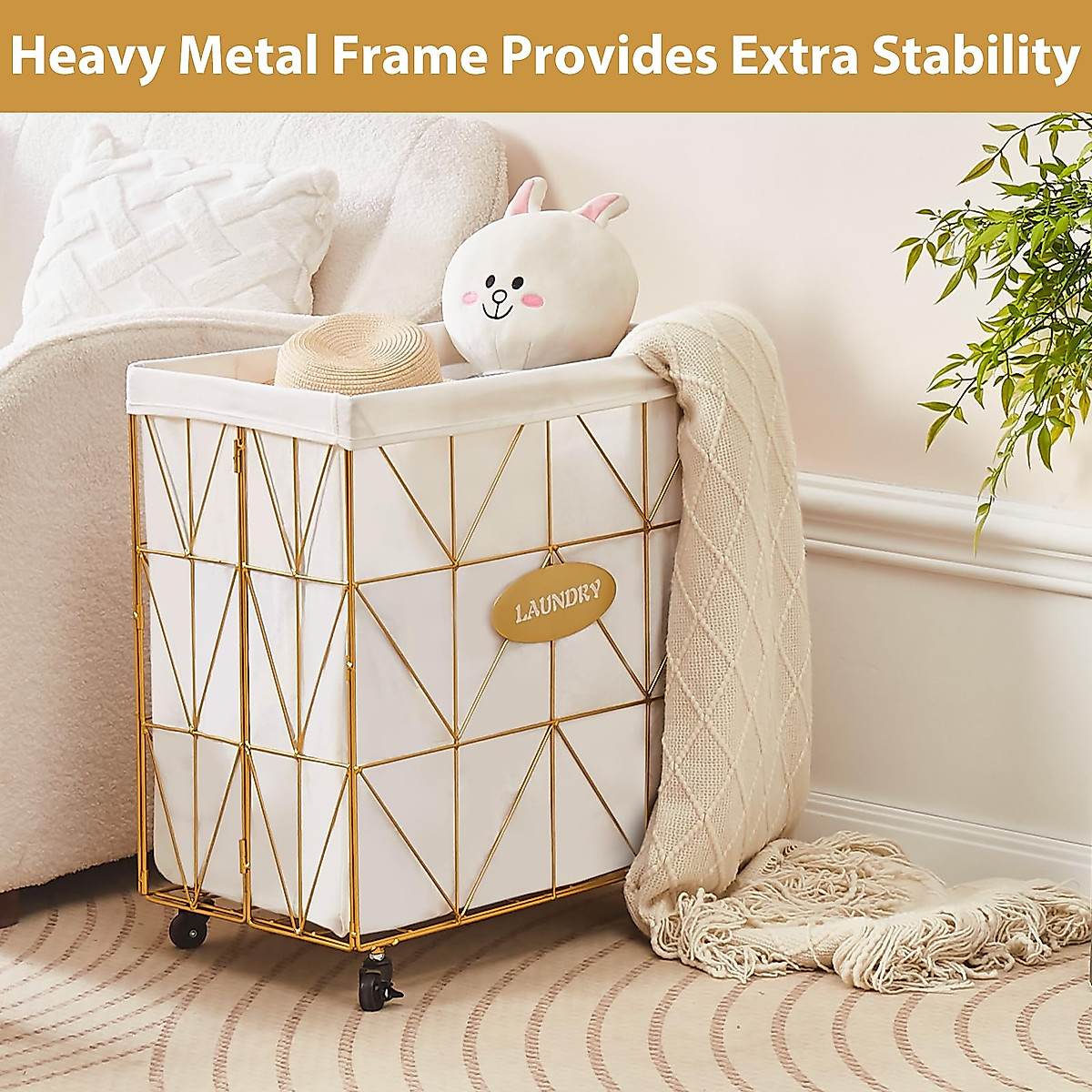 Mxfurhawa Laundry Hamper, Collapsible Laundry Basket Large Capacity 110L Metal Laundry Hamper with Removable Liner, Rolling Wheels and Collapsible Design for Clothes Storage and Organization (Gold)