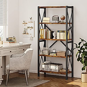 Homeiju 5-Tier Bookshelf, Wood Bookcase, Book Shelf with Steel Frame, Storage Rack with Open Shelves, Rustic Standing Bookshelves, Ladder Shelf for Bedroom, Living Room and Home Office