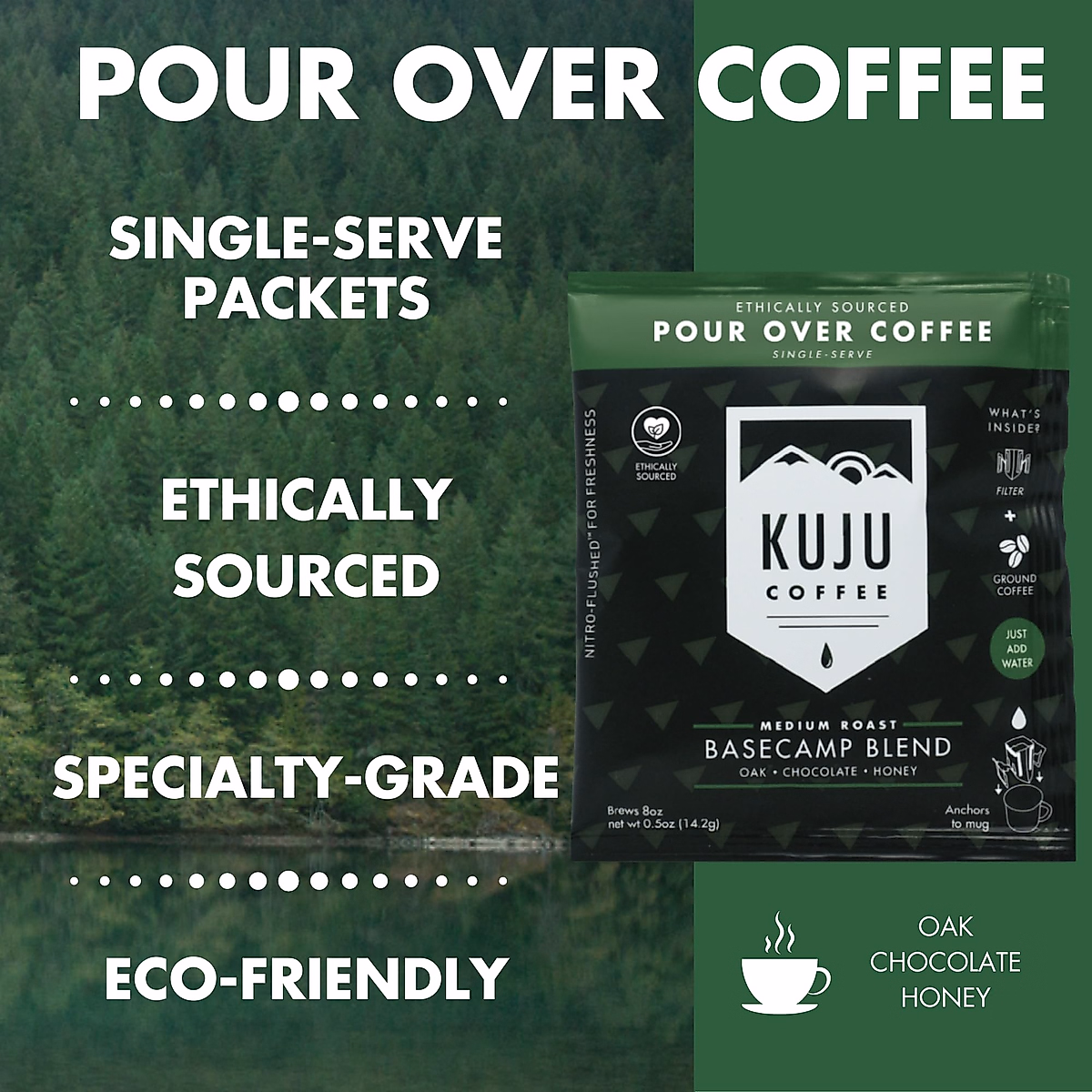 Kuju Coffee Premium Pour Over Camping Coffee Singles - 6 Pack Basecamp Blend, Medium Roast - Superior Instant Pocket Coffee for Backpacking, Travel, and Camp