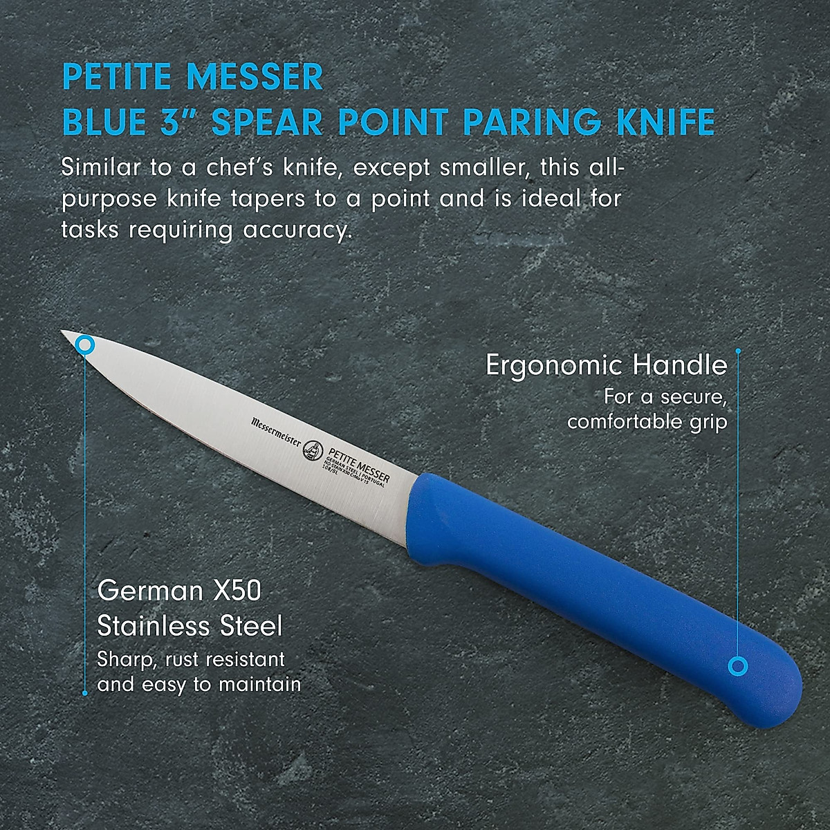 Messermeister Petite Messer 4” Spear Point Parer with Matching Sheath, Blue - German 1.4116 Stainless Steel & Ergonomic Handle - Lightweight, Rust Resistant & Easy to Maintain