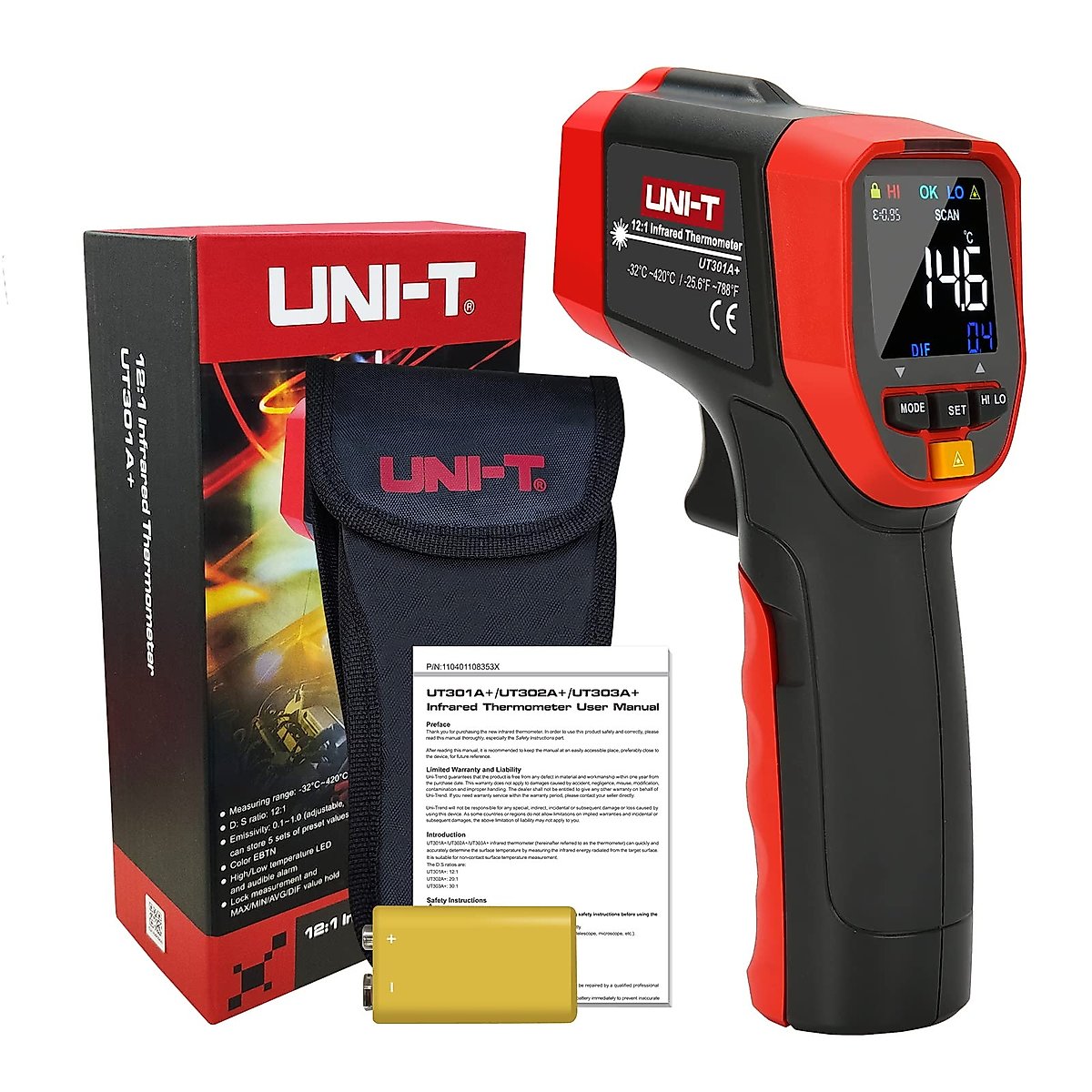 UNI-T UT301A+ Infrared Thermometer, Not for Human, -25.6°F to 788°F (-32°C to 420°C) Non-Contact Digital Laser Temperature Gun with LCD Display, Red & Grey
