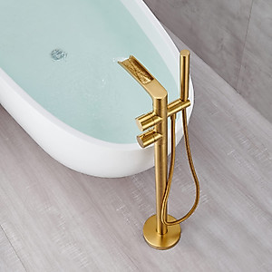 Qinkell Freestanding Thermostatic Bathtub Faucet Floor Mount Waterfall Tub Filler Brushed Gold Bathroom Taps with Handheld Shower
