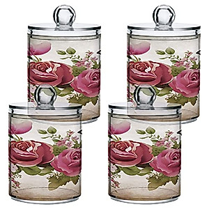 ALAZA Retro Rose Flower Butterfly 2 Pack Qtip Holder Dispenser with Lid 14 Oz Clear Plastic Apothecary Jar Containers Jars Bathroom for Cotton Swab, Ball, Pads, Floss, Vanity Makeup Organizer