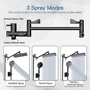 Shower Heads with Handheld Spray Combo, 10" Rain High Pressure Shower Head with 11" Extension Arm, 10 Modes Detachable Shower Built-in Power Wash with 59" Hose, Height & Angle Adjustable, Matte Black