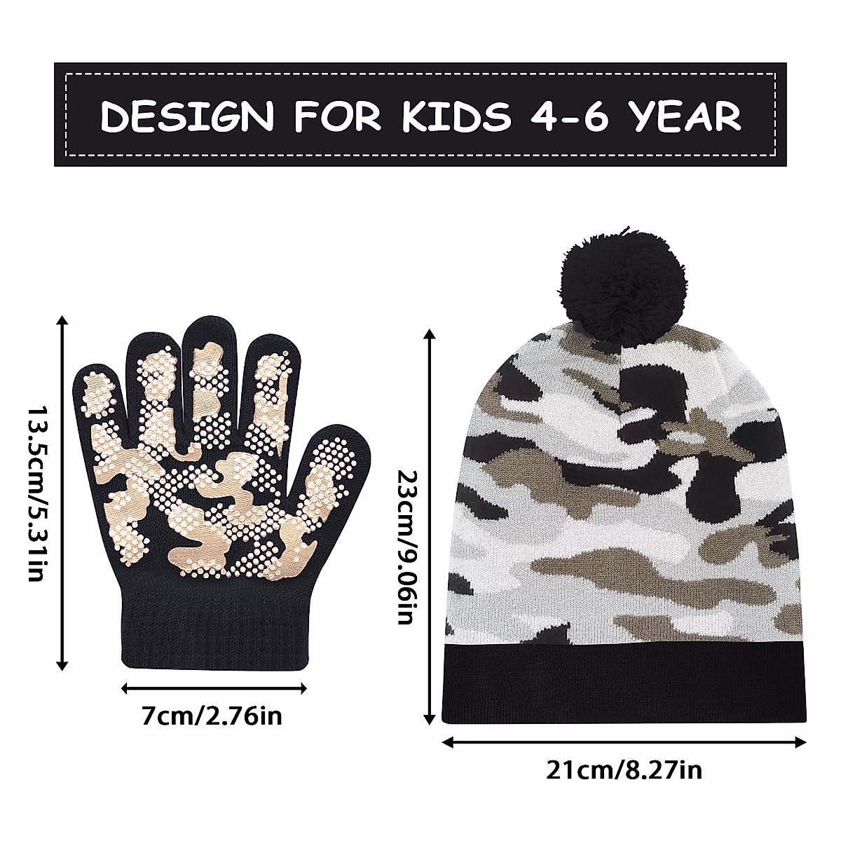 Evridwear 3 Piece Kids Children Boys Girls Magic Grip Winter Fall Gloves and Hat Set for Cool Cold Weather (Camo Black)