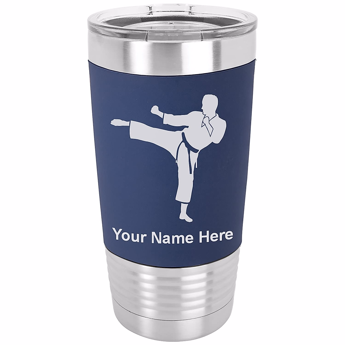 LaserGram 20oz Vacuum Insulated Tumbler Mug, Karate Man, Personalized Engraving Included (Silicone Grip, Navy Blue)