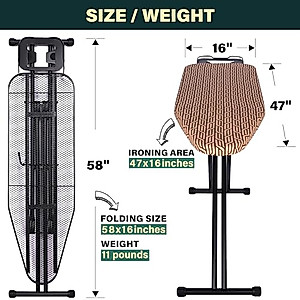 caius Ironing Board Full Size, Extra Wide Ironing Area, Foldable Iron Board with Extra Thick Padded Cover, Large Heavy Duty Ironing Board, Stable Structure, Adjustable Height, Easy to Fold (47x16)