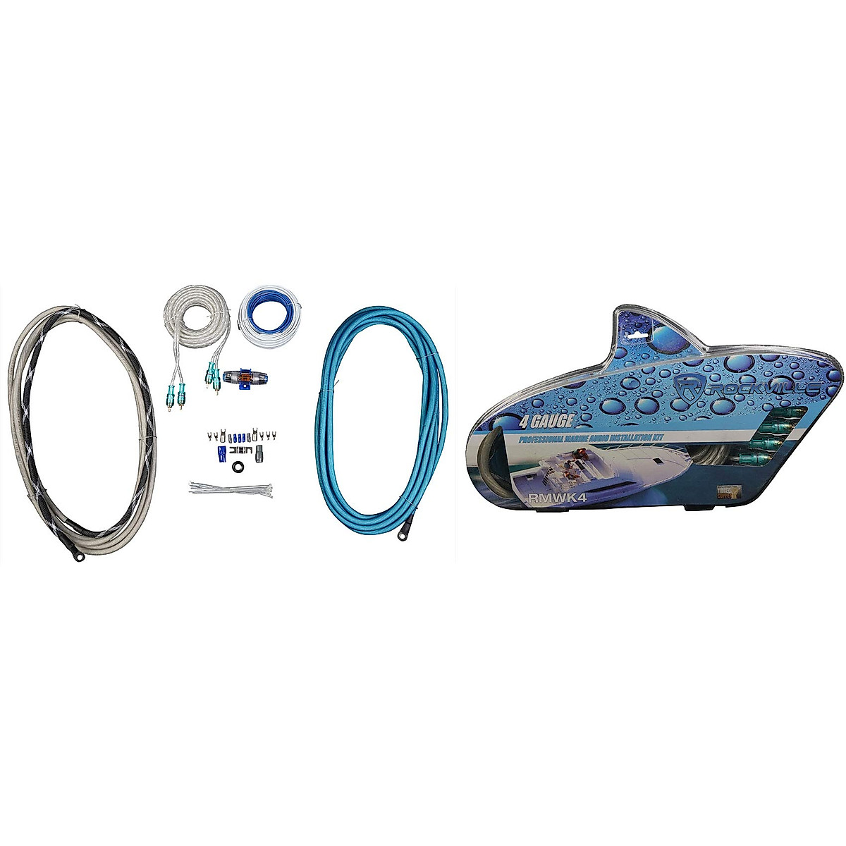 Memphis Audio 4 MXA82TW 8" Marine Wakeboard Tower Speakers/LED+Swivel White Bundle with Rockville Krypton MF3 Amplifier, RMWK4 Amp Install Wire Kit & MRCA25 RCA Cable (7 Items)