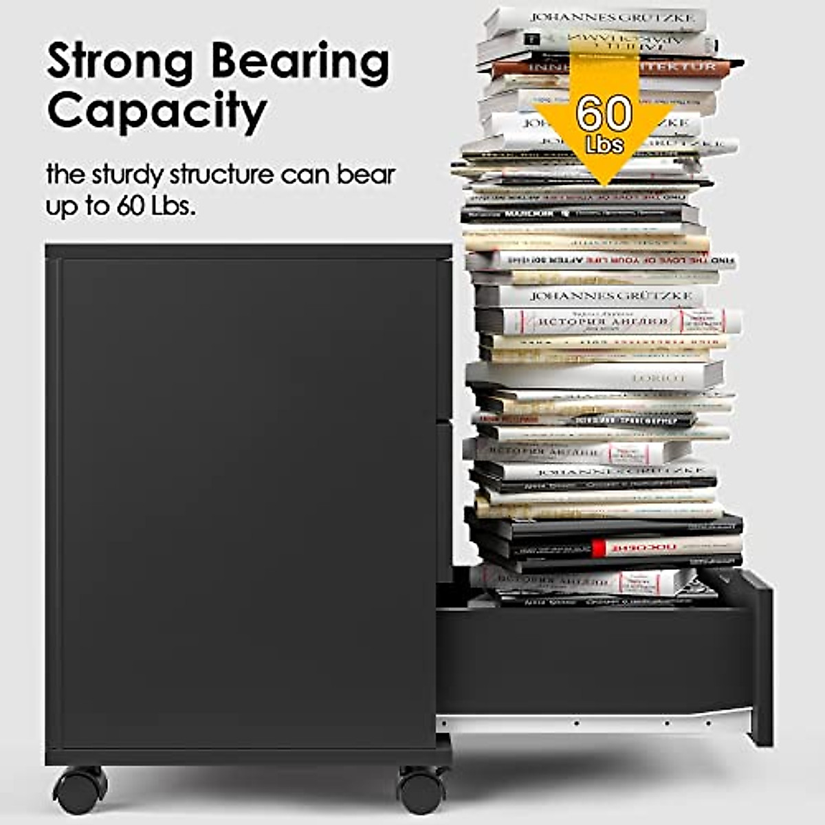 STARY Fully Assembled 3 Drawer Wood Rolling File Cabinet, Black